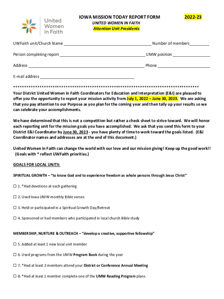 Fillable Online 2023 IOWA MISSION TODAY REPORT FORM - iaumc.org Fax ...