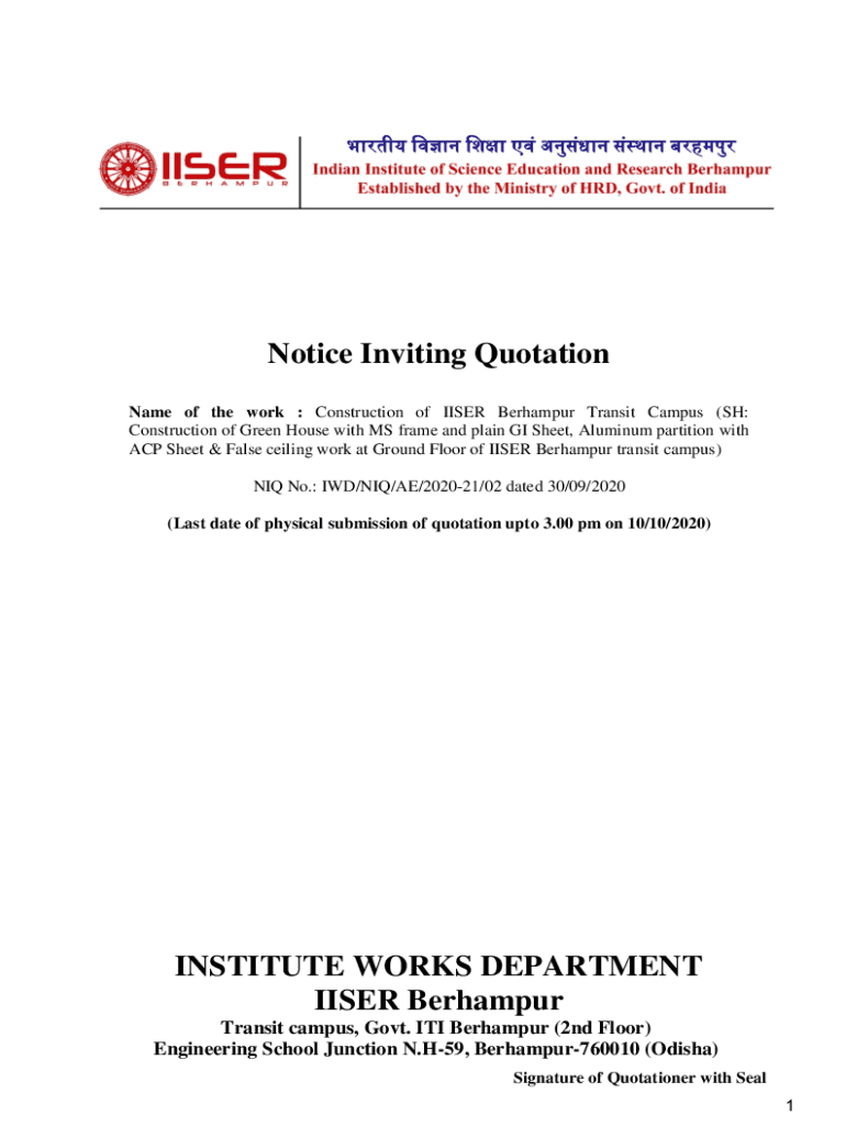 Fillable Online Tender details - Notice Inviting Quotation- Name of ...