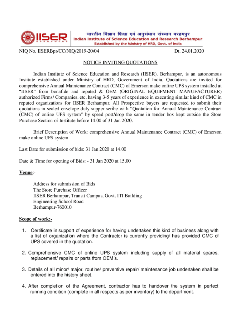 Fillable Online IISER supper scribe with Quotation for (CMC) of online ...