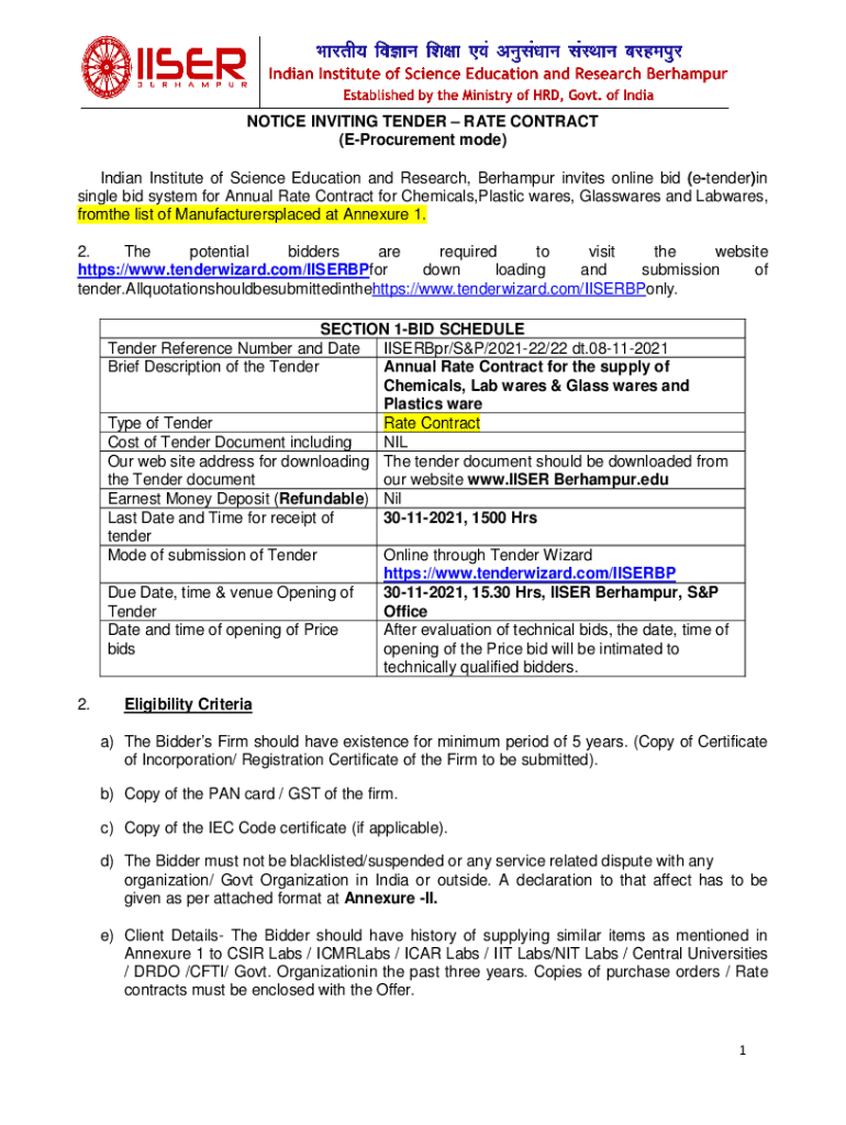 Fillable Online NOTICE INVITING TENDERRATE CONTRACT (E-Procurement mode ...