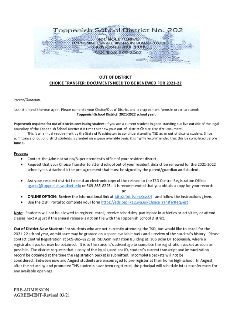 Fillable Online Pre-registration paperwork required for out of district ...