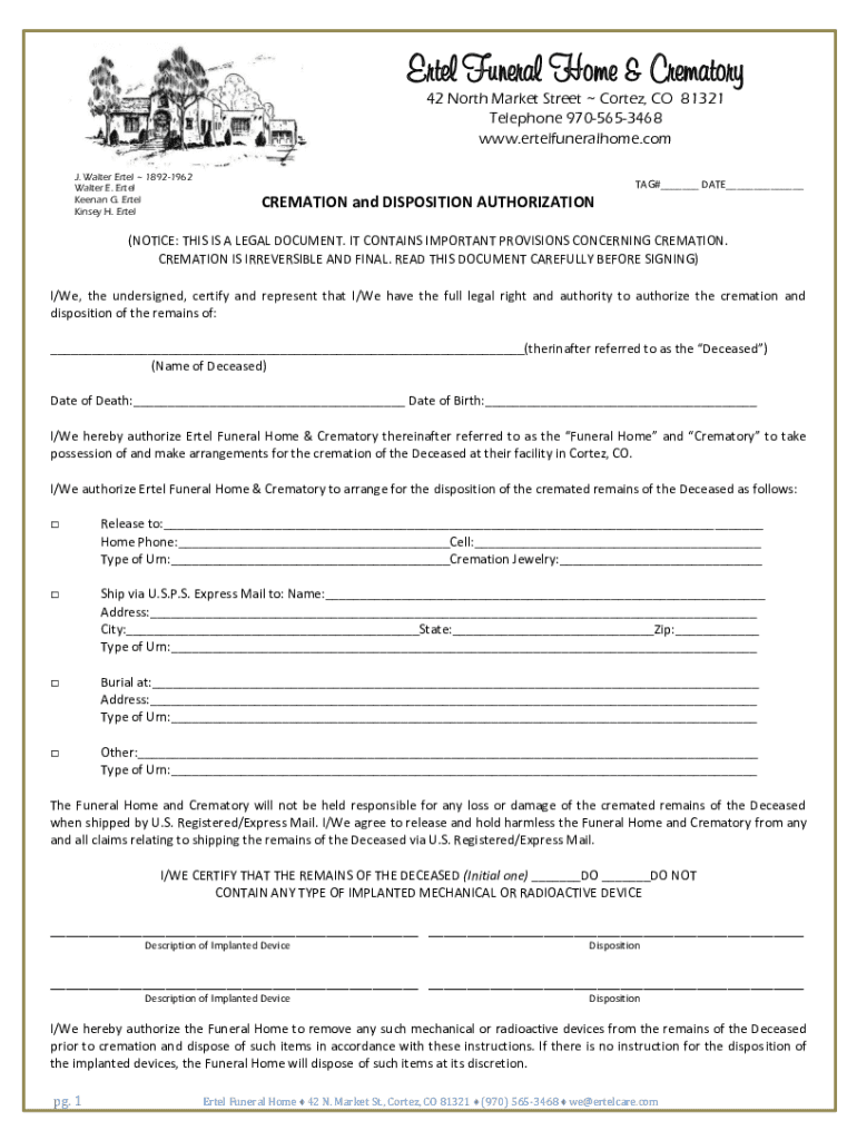 Fillable Online Ertel Funeral Home, 42 N Market St, Cortez, CO, Funeral Directors ... Fax Email ...