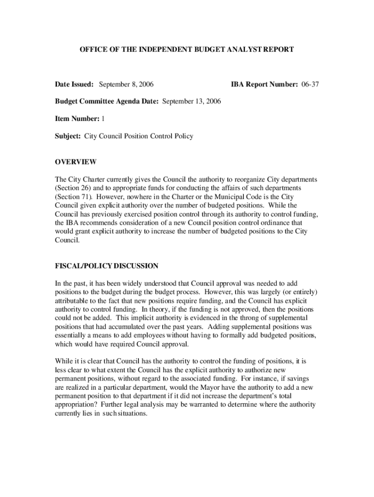 Fillable Online OFFICE OF THE INDEPENDENT BUDGET ANALYST REPORT Date ...