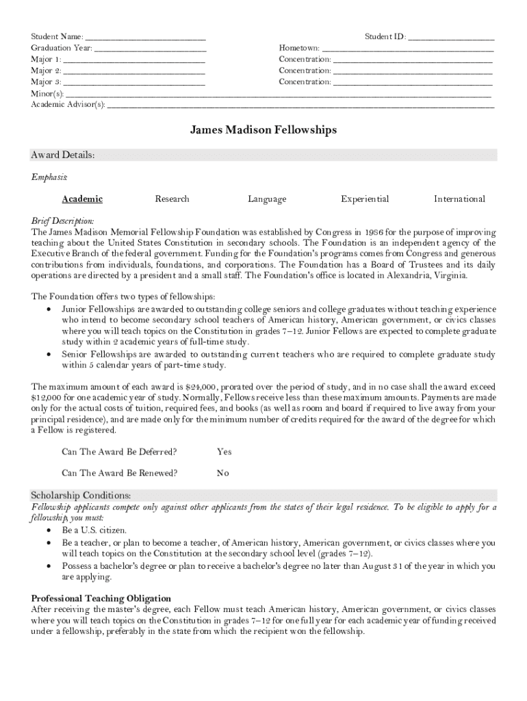 Fillable Online James Madison Fellowships Fax Email Print - pdfFiller