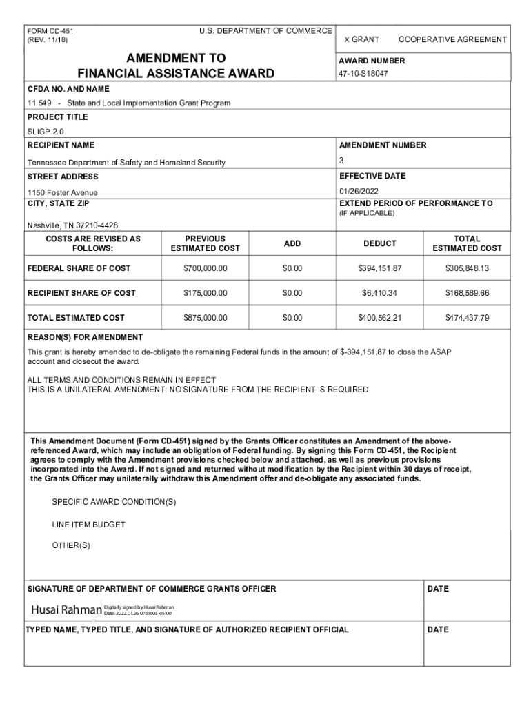 Fillable Online X AMENDMENT TO FINANCIAL ASSISTANCE AWARD - ntia.doc ...