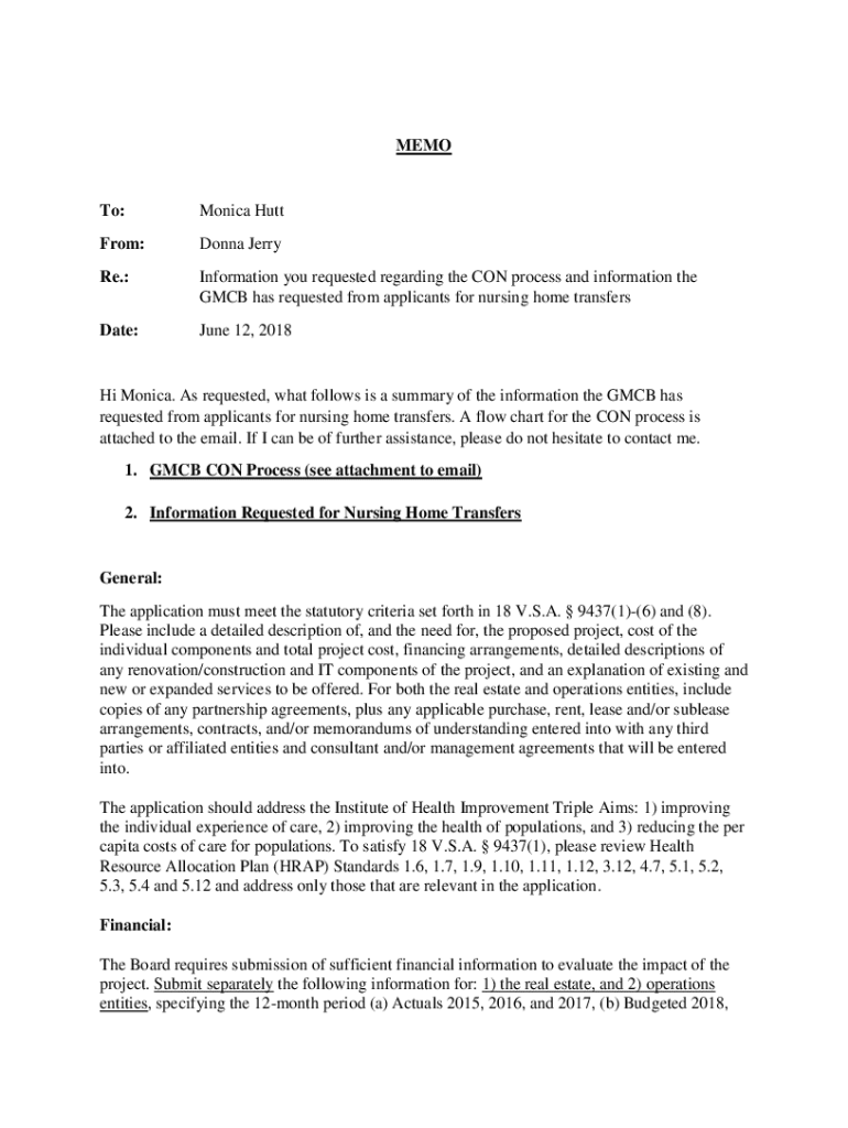 Fillable Online Green Mountain Care Board Memo About Certificate of ...