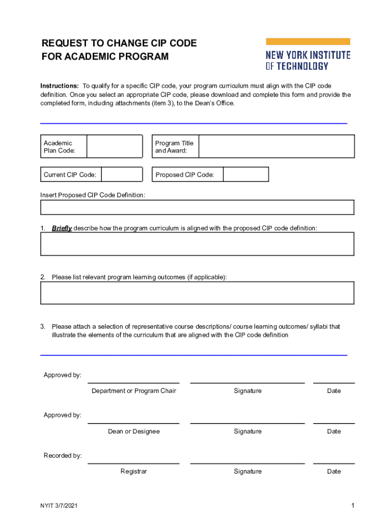 Fillable Online Request to Change CIP Code for Academic Program Fax ...