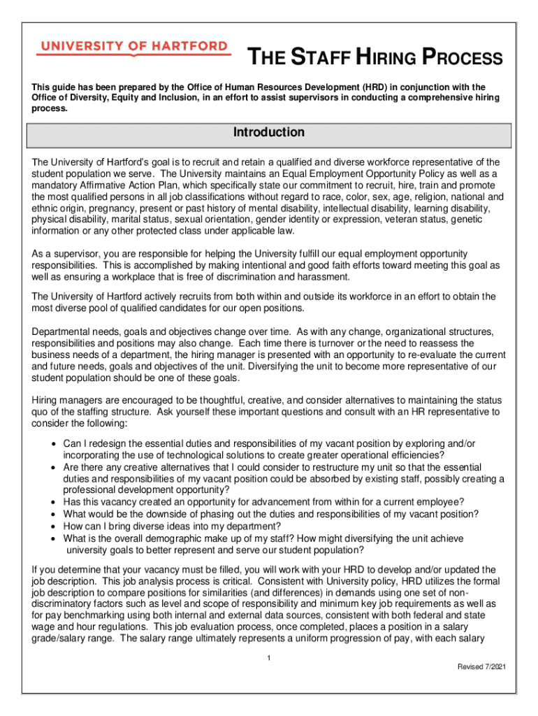 Fillable Online THE STAFF HIRING PROCESS - University of Hartford Fax ...