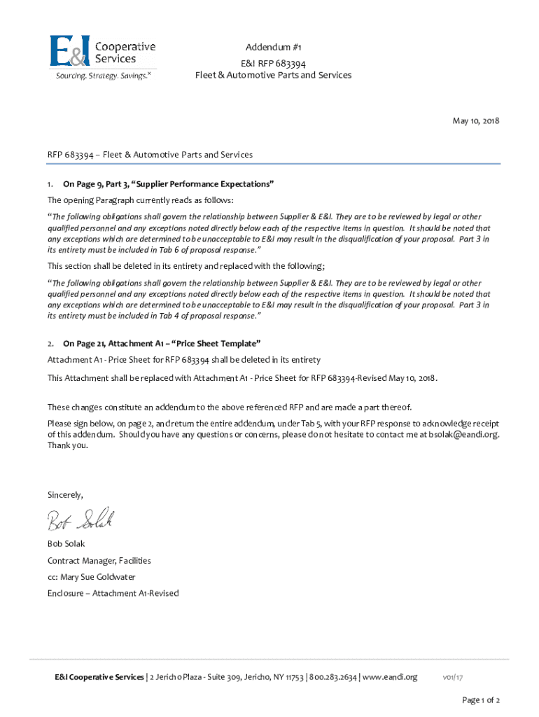 Fillable Online Addendum #1 - RFP 683394 for Fleet & Automotive Parts ...