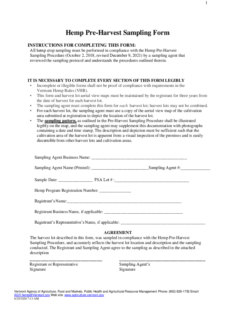 Fillable Online Hemp Pre-Harvest Sampling Form - Vermont Agency of Agriculture Food and ... Fax ...