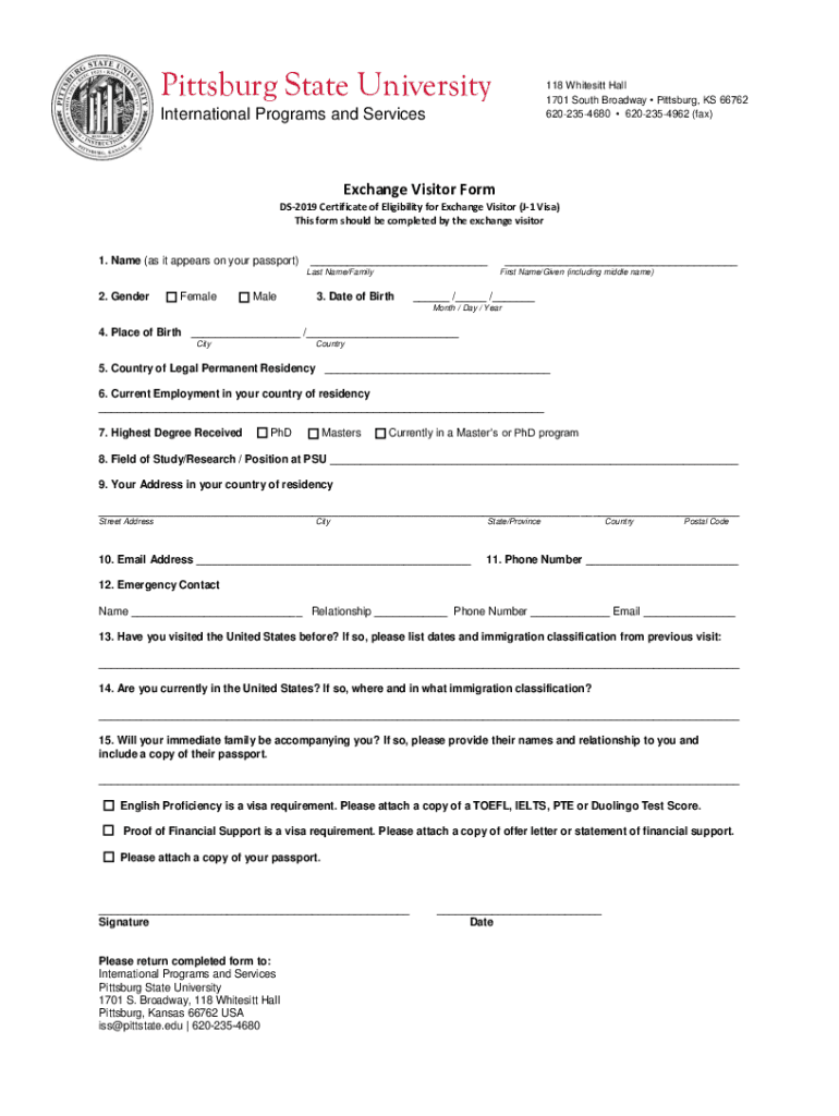Fillable Online Exchange Visitor Form - Pittsburg State University Fax ...