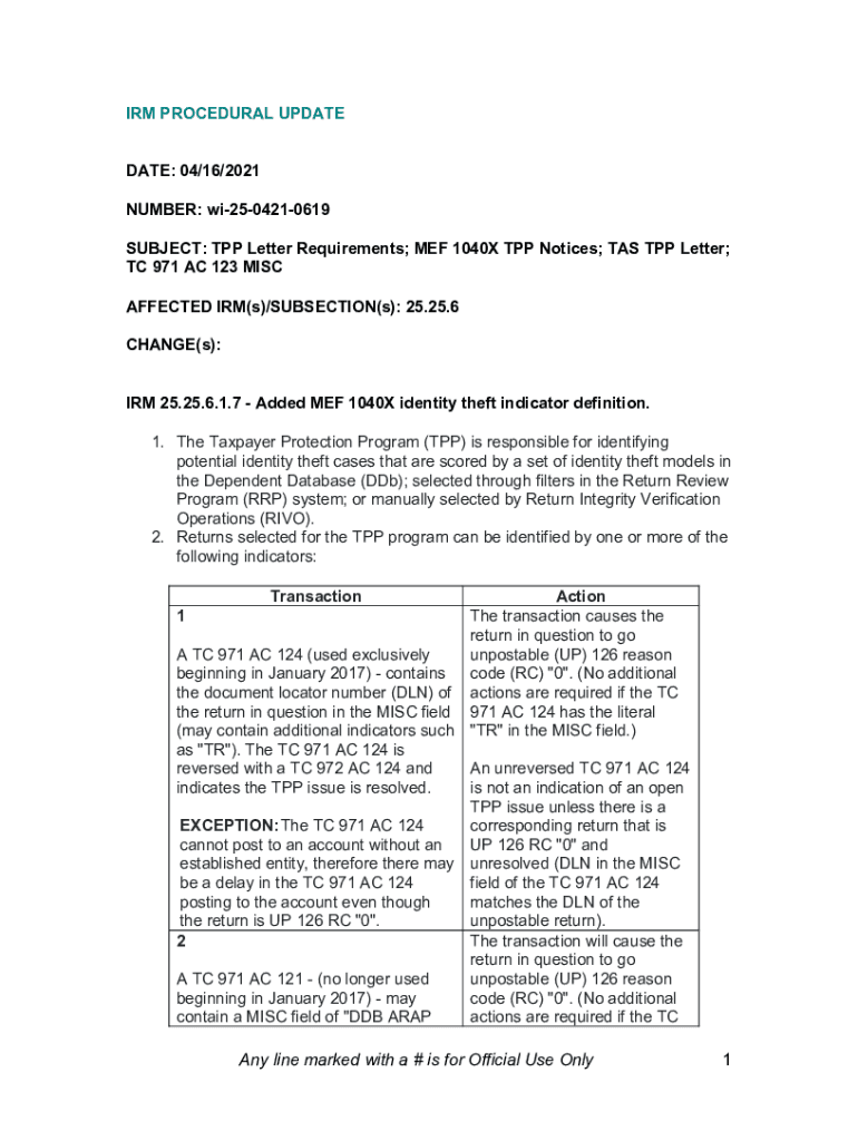 Fillable Online INTERIM IRM PROCEDURAL UPDATE - IRS tax forms Fax Email ...
