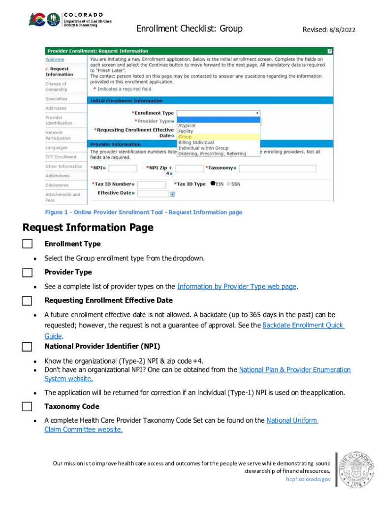 Fillable Online Enrollment Checklist - Group - HCPF - Colorado.gov Fax ...