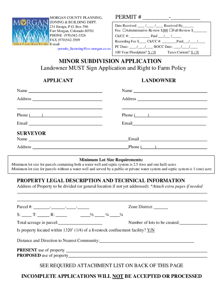 Fillable Online MINOR SUBDIVISION APPLICATION Landowner MUST Sign ...