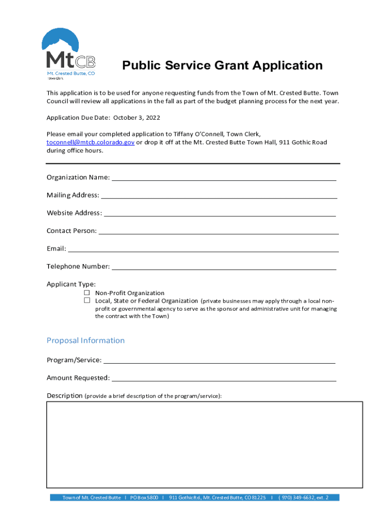 Fillable Online Public Service Grant Application - Town of Mt. Crested ...