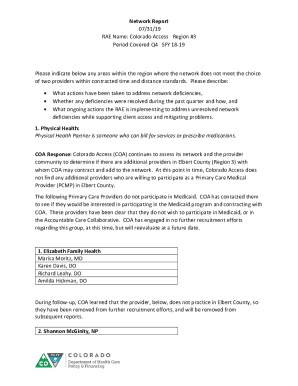 Fillable Online Network Report 07/31/19 RAE Name: Colorado Access ...