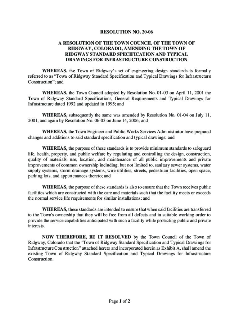 Fillable Online RESOLUTION NO. 20-06 A RESOLUTION OF THE TOWN COUNCIL ... - Town of Ridgway Fax ...