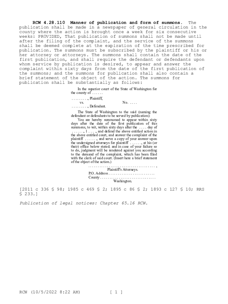 Fillable Online RCW 4.28.110 Manner of publication and form of summons ...