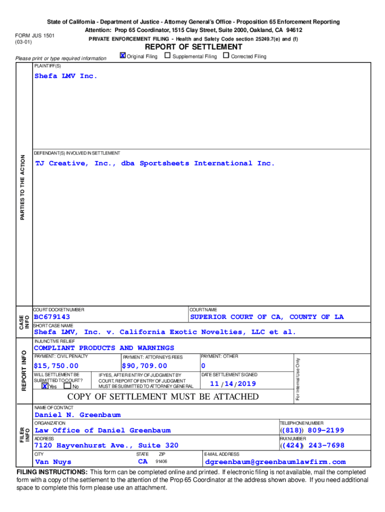 Fillable Online oag ca Annual Reports of Settlements State of CaliforniaAbout Proposition 65 ...