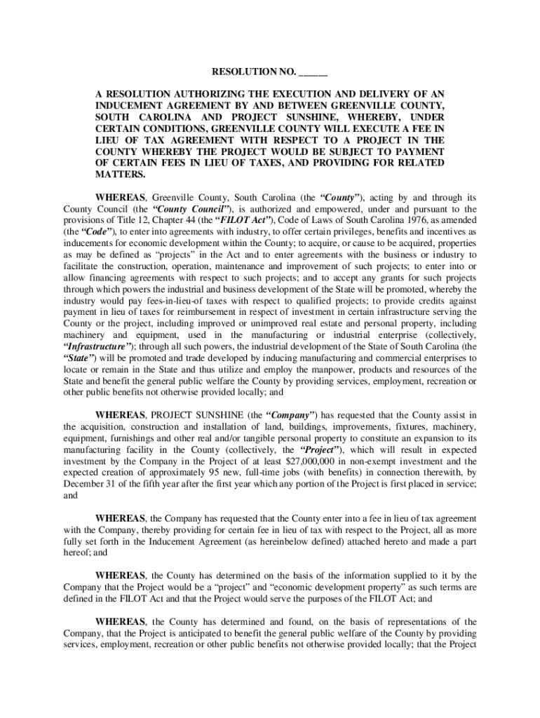 Fillable Online Resolution and Inducement Agreement (2019) - Project ...