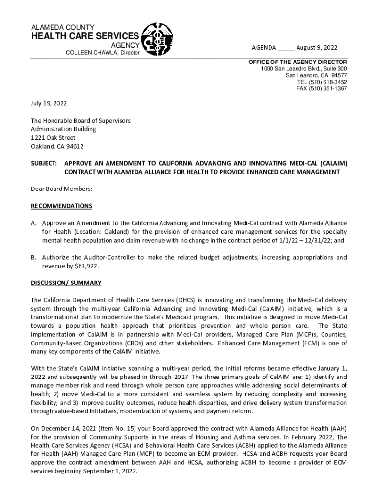 Fillable Online ALAMEDA COUNTY HEALTH CARE SERVICES AGENCY Colleen ...