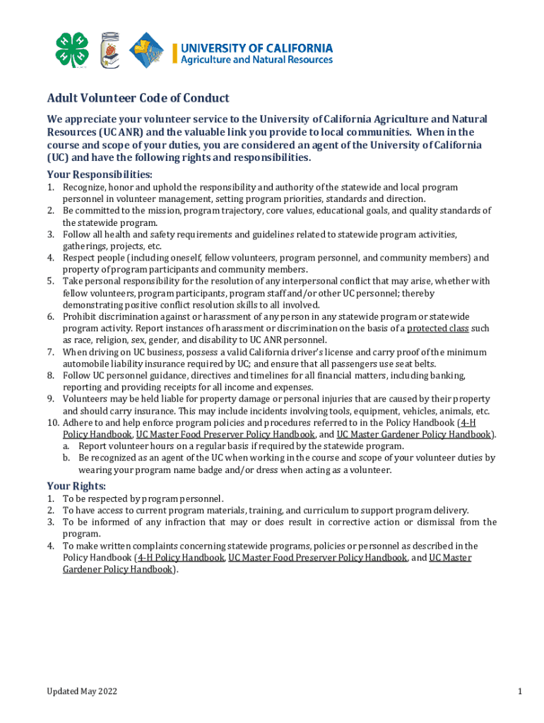 Fillable Online Adult Volunteer Code of Conduct (UC ANR) and the ...