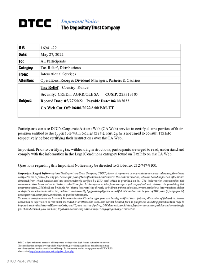 Fillable Online 16941-22 - Important Notice The Depository Trust ...