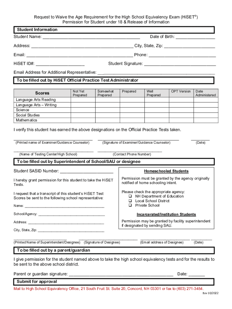 Fillable Online Request to Waive the Age Requirement for the High School Equivalency ... Fax ...