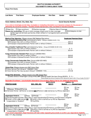 Fillable Online SEATTLE HOUSING AUTHORITY 202 BENEFITS ENROLLMENT FORM ...