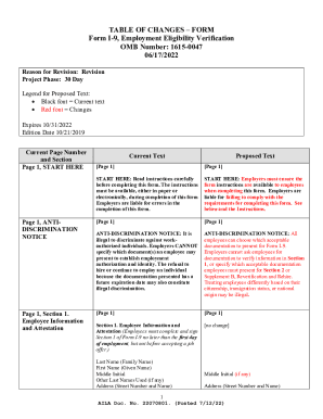 Fillable Online TABLE OF CHANGES FORM Form I-9, Employment Eligibility ...
