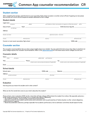 Fillable Online Common App counselor recommendation. Common App's counselor recommendation form ...