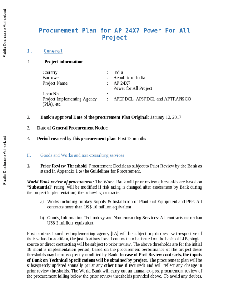 Fillable Online documents.worldbank.org curated ptProject Procurement Plan for AP 24X7 Power For ...