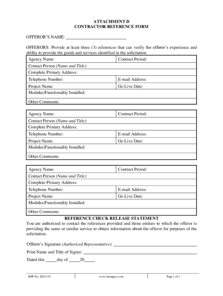 Fillable Online ATTACHMENT D CONTRACTOR REFERENCE FORM - Kitsap County ...