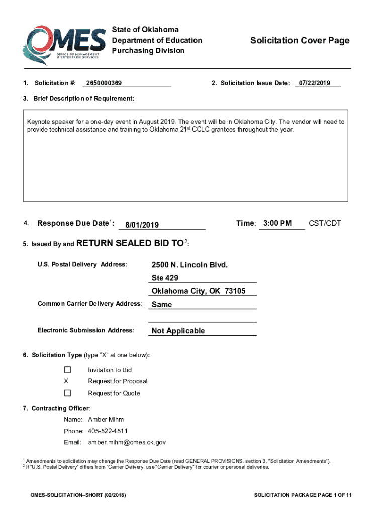 Fillable Online State of Oklahoma State Department of Education Solicitation Cover Page ... Fax ...