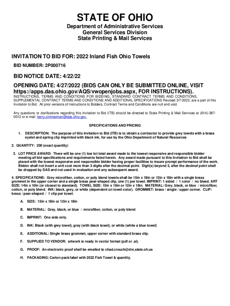 Fillable Online INVITATION TO BID FOR: 2022 Inland Fish Ohio Towels Fax ...