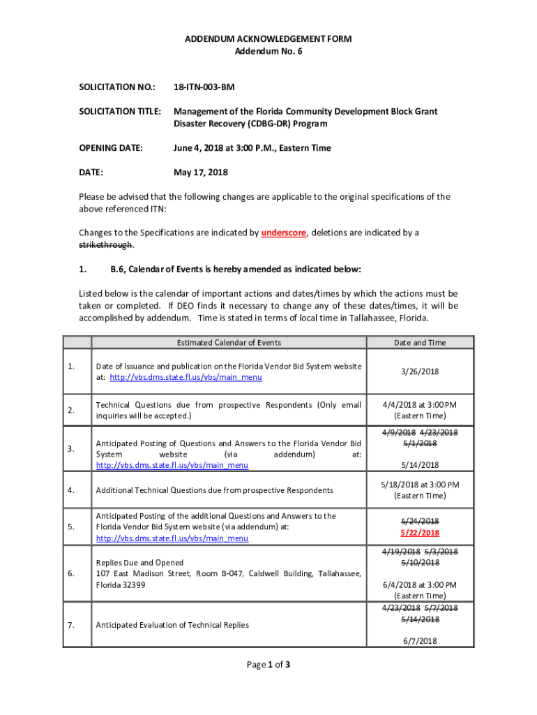 Fillable Online ADDENDUM ACKNOWLEDGEMENT FORM SOLICITATION NO Sample ...