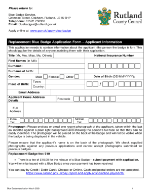 Fillable Online Replacement Blue Badge Application FormApplicant Information Fax Email Print ...