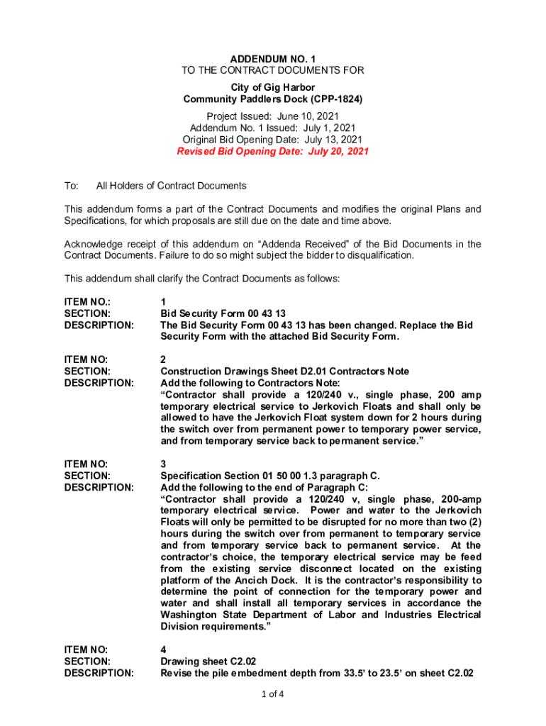 Fillable Online Addendum No. 1 to the Contract Documents for City of ...