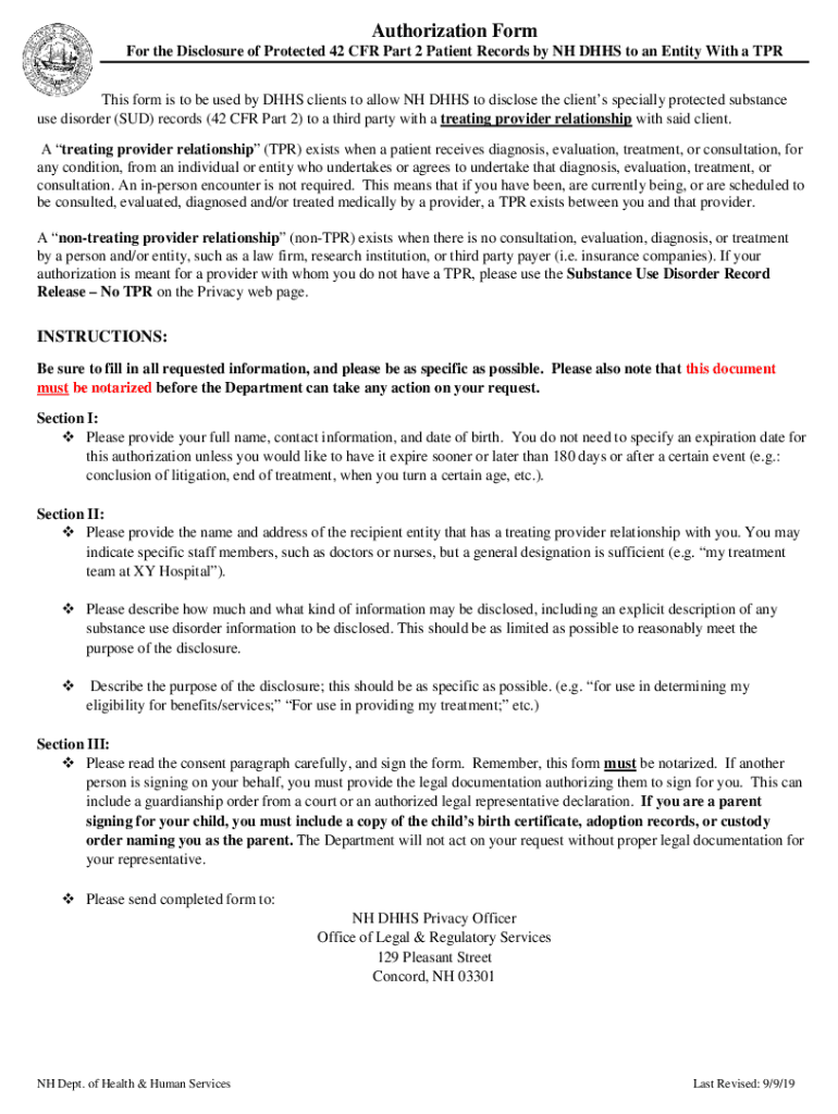 Fillable Online Authorization Form for the Disclosure of Protected 42 ...