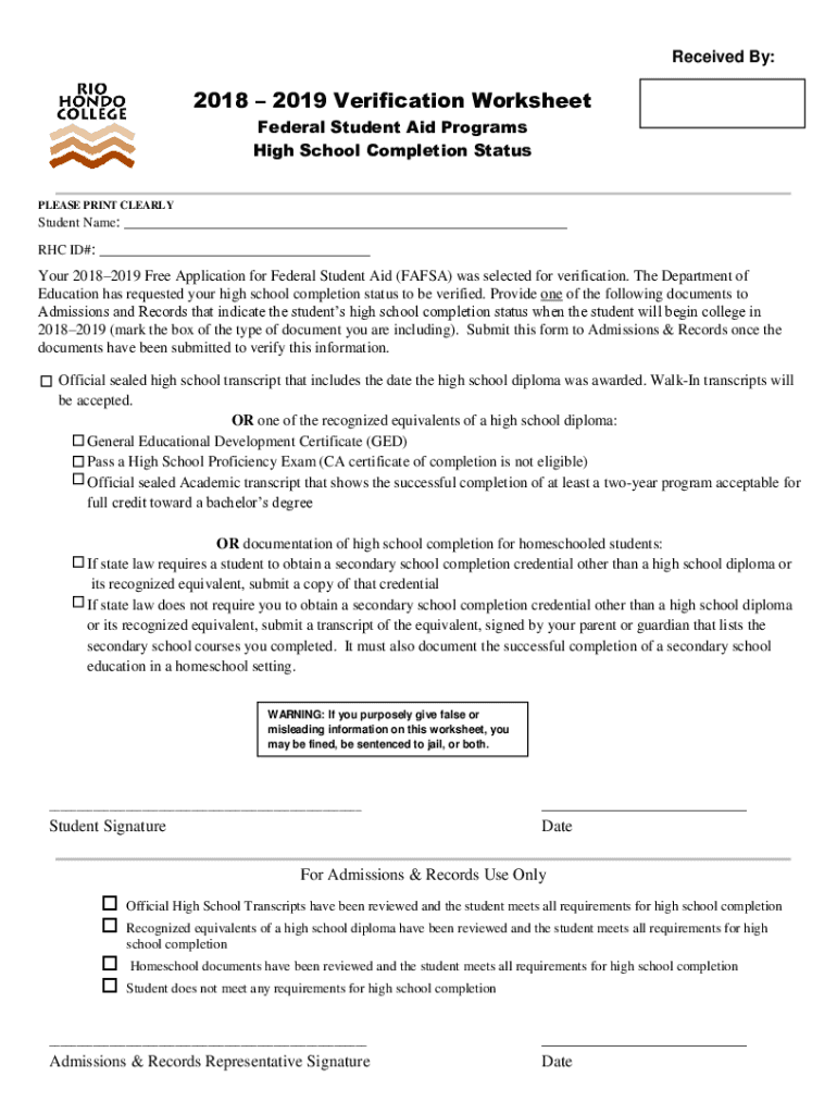 Fillable Online 2018-2019 Verification Worksheet Federal Student Aid Programs Dependent Fax ...