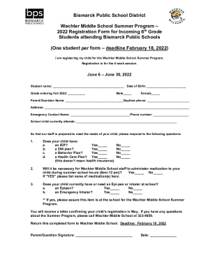 Fillable Online 2022 Registration Form for Incoming 6th Grade Students ...