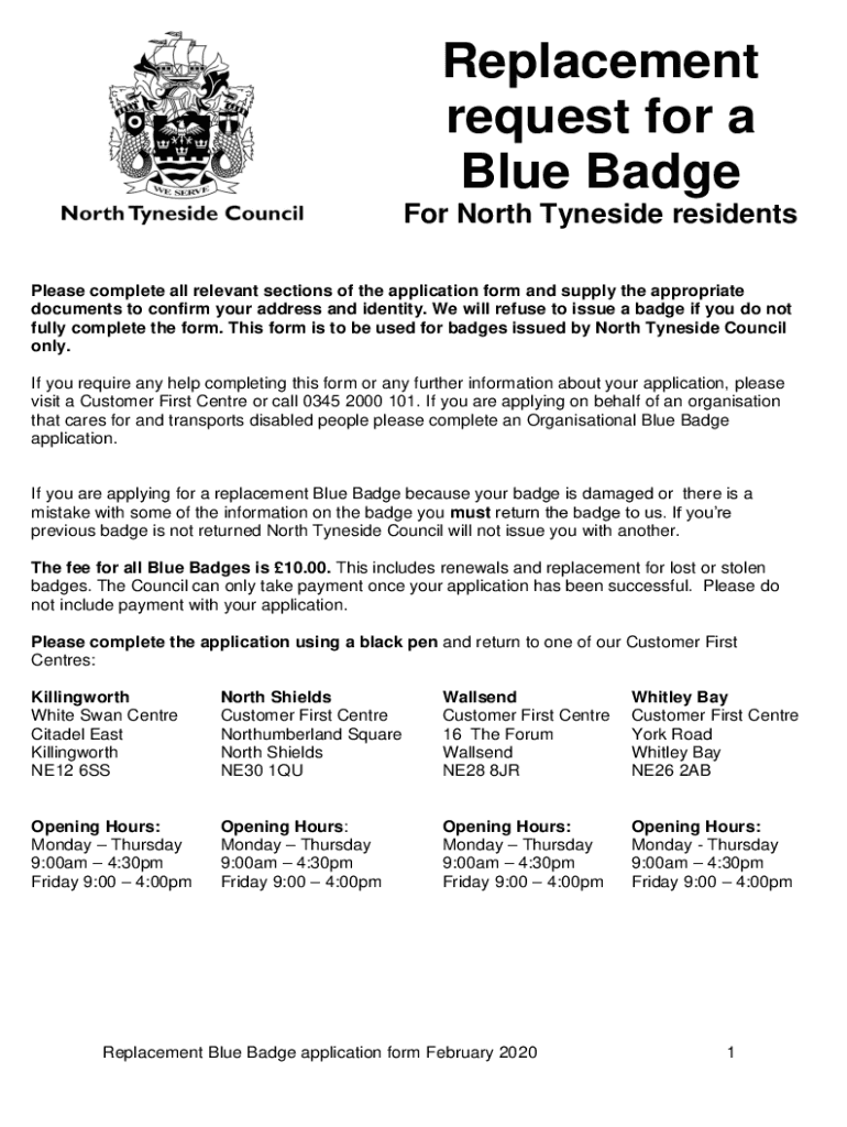 North Tyneside Blue Badge Telephone Number - Fill Online, Printable, Fillable, Blank | pdfFiller