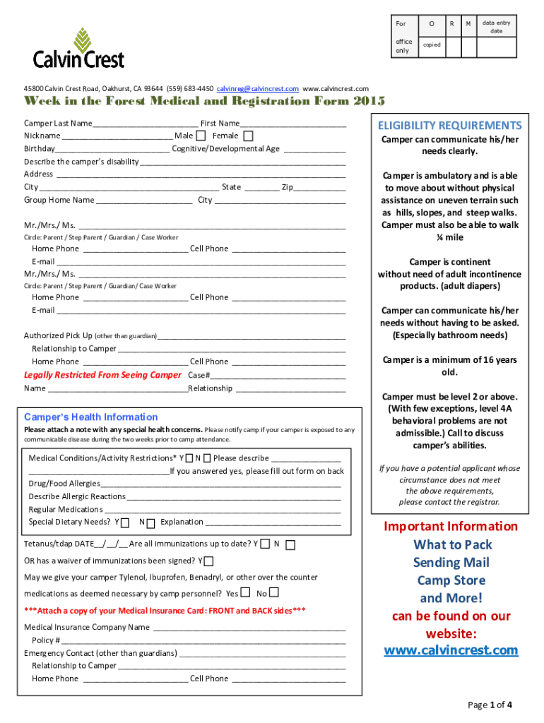 Fillable Online Registration Forms - Calvin Crest Fax Email Print ...