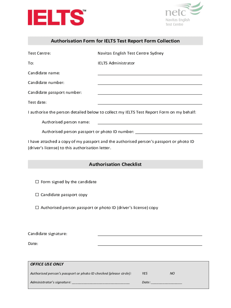 Fillable Online Authorisation Form for IELTS Test Report Form ...
