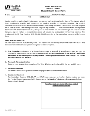 Fillable Online Medical Campus - Student Health Record Form - Miami ...