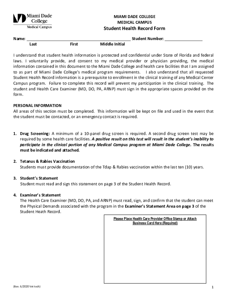 Fillable Online Medical Campus - Student Health Record Form - Miami ...
