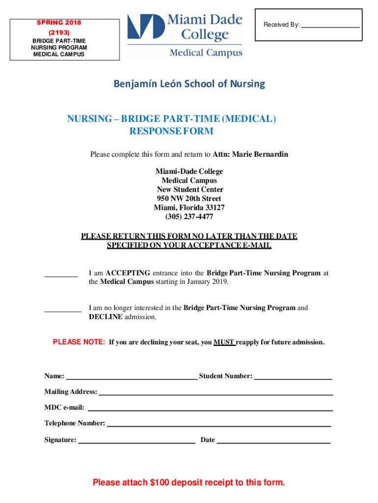 Fillable Online Nursing Bridge Part Time Response Form - Miami Dade ...