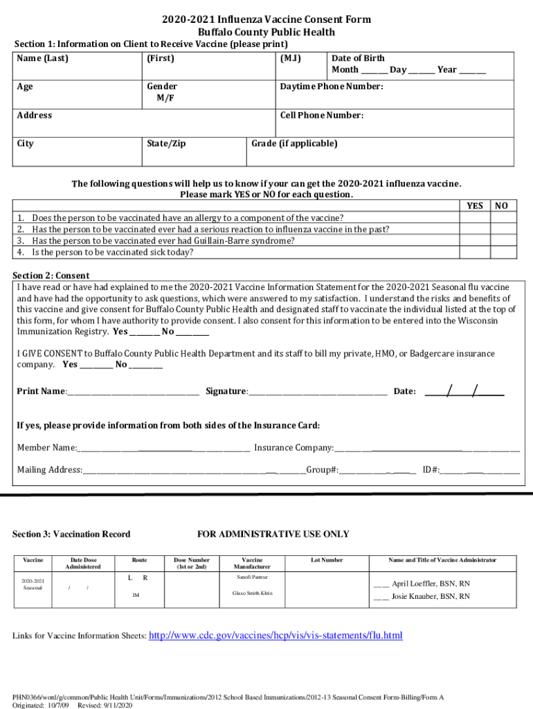 Fillable Online 2020-2021 Influenza Vaccine Consent Form Buffalo ...