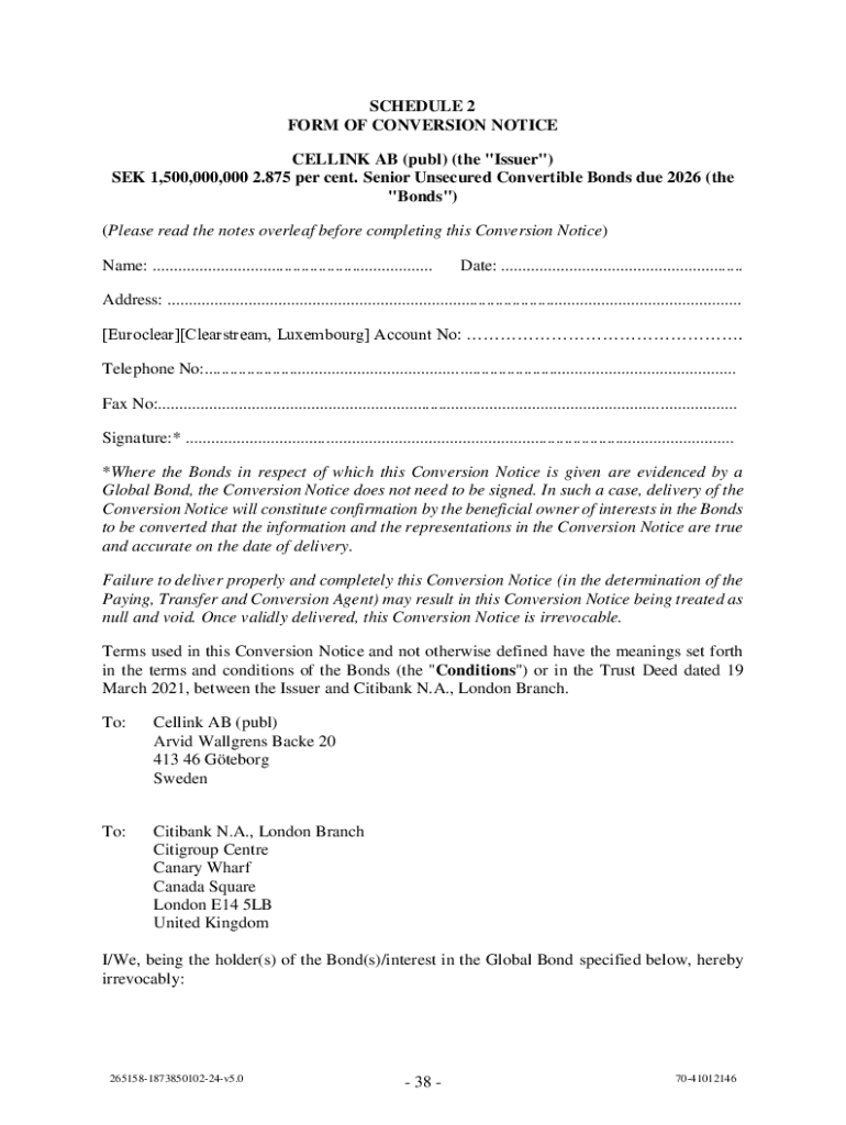 Fillable Online SCHEDULE 2 FORM OF CONVERSION NOTICE CELLINK ... Fax ...