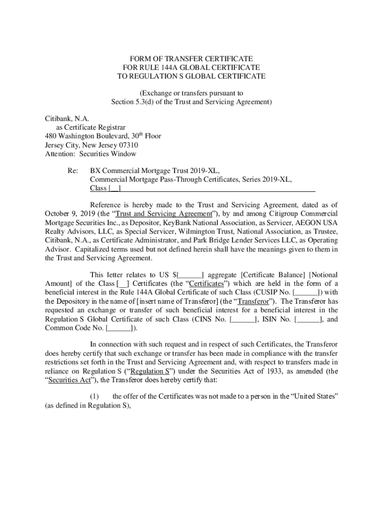 Fillable Online FORM OF TRANSFER CERTIFICATE FOR RULE 144A GLOBAL ...